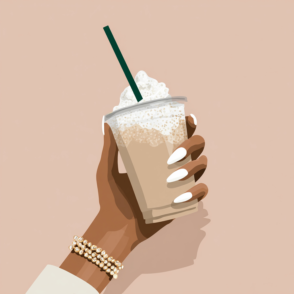 The image shows a hand holding a Starbucks iced drink, exuding a trendy ...